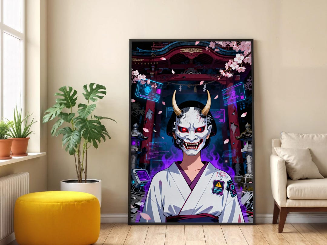 Devil Mask Anime Japanese Horror-themed Cyberpunk Poster Iillustration ...