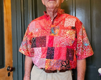 Patchwork Shirt Custom Made for Men Size M, L or XL, Your Color Choice, Batik and Other Cotton ...