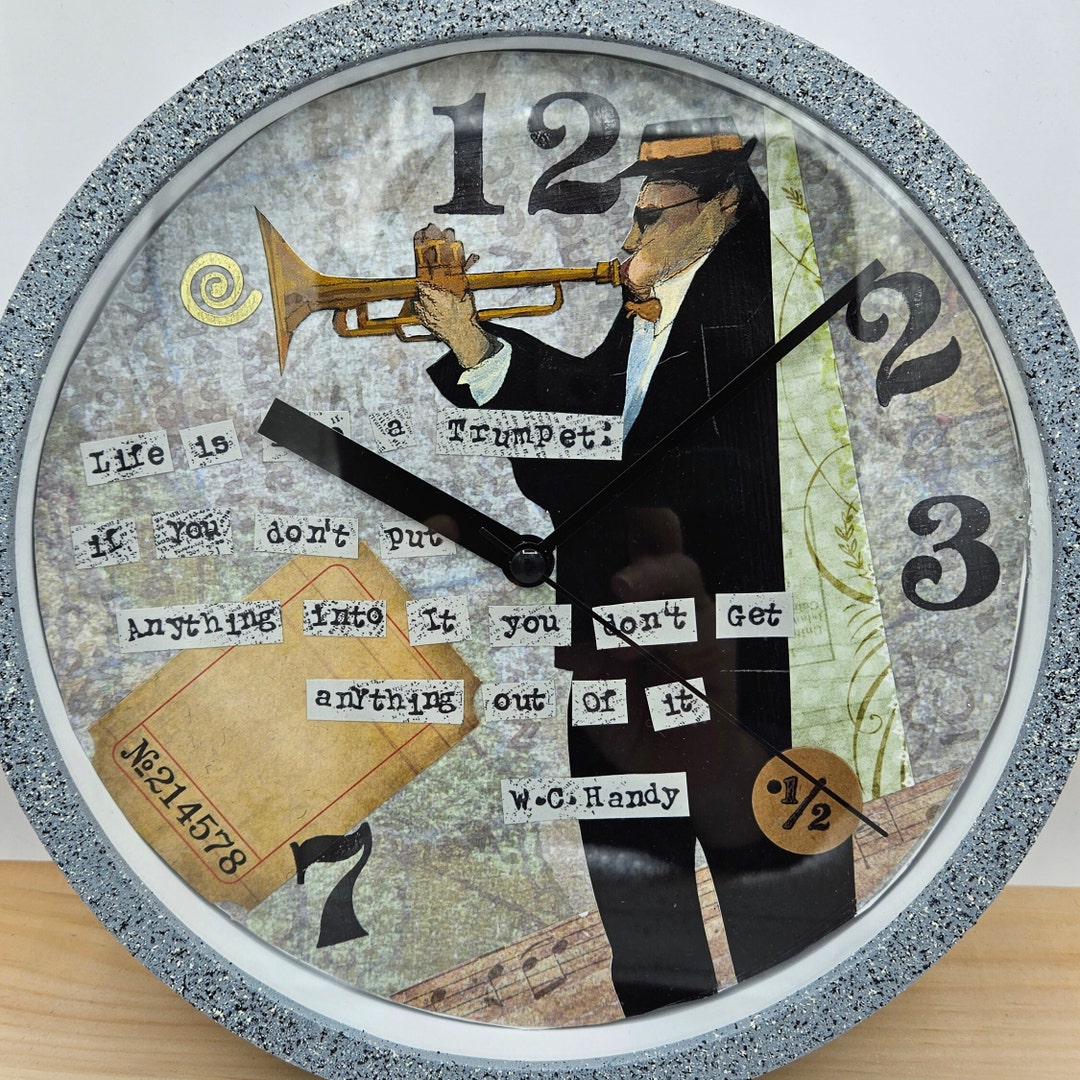 Trumpet Player Decoupage Wall Clock, Handmade 9x9x2, Battery-operated ...