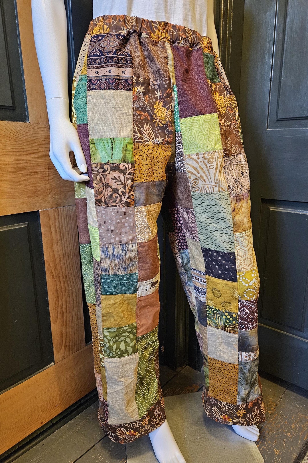 Patchwork Pants Handmade From Vintage Cotton Prints and Batiks, Womens M, Waist 30-31", Fun and ...