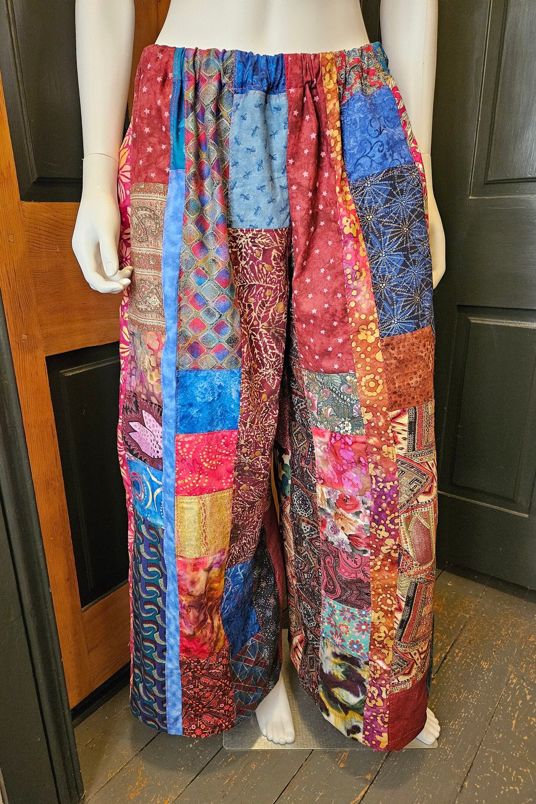 Patchwork Palazzo Pants Handmade From Vintage Material, Maroon and Blue Batiks & Printed Cottons ...