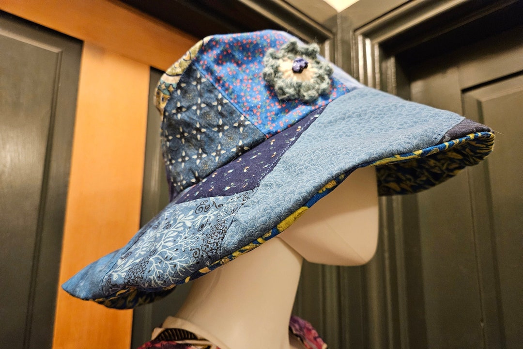 Patchwork Bucket Hat Handmade From Vintage Material, Crochet Flower ...