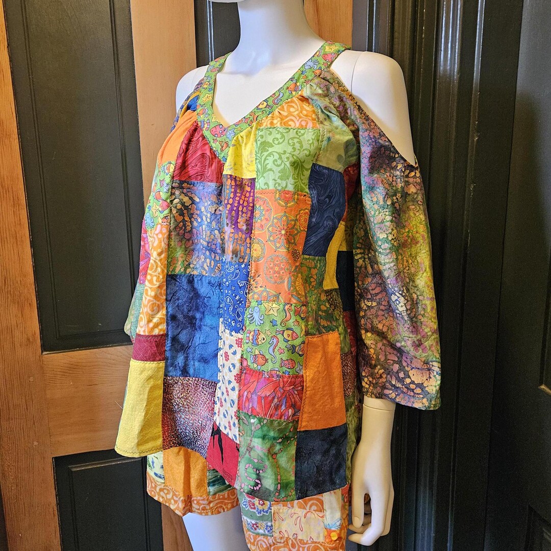Patchwork Cold Shoulder Top Handmade From Vintage Batiks & Printed Cottons, Size M, Bust to 36 ...
