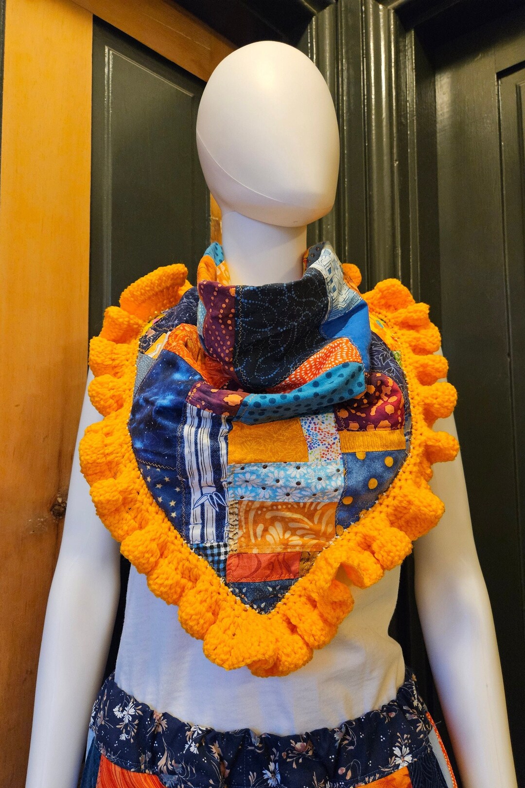 Patchwork Scarf Bandana With Ruffle Edge, Handmade From Vintage Fabric and Yarn, Colorful ...