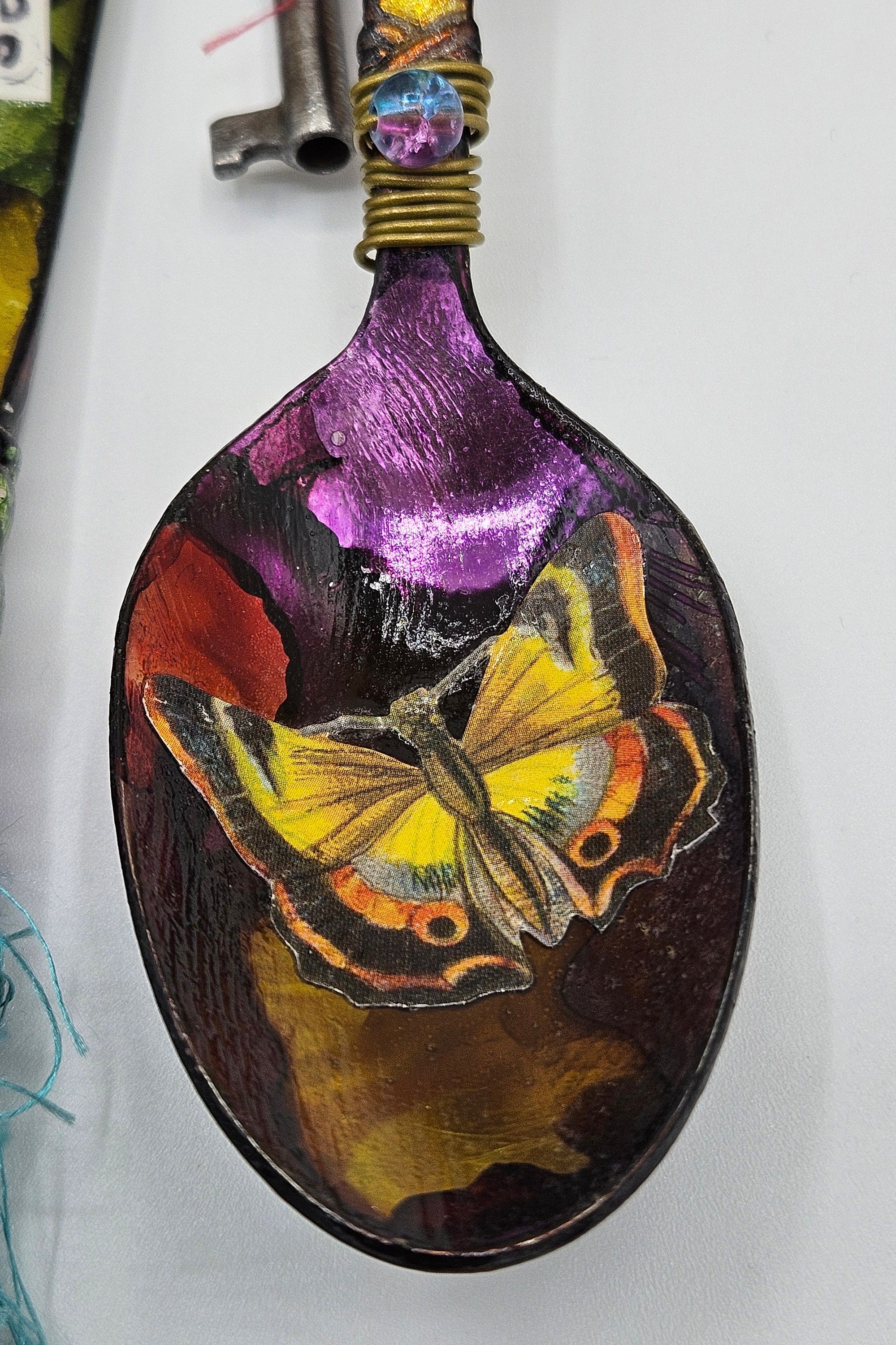 Upcycled Spoon Art Features Butterflies, Antique Key, Glass Beads ...