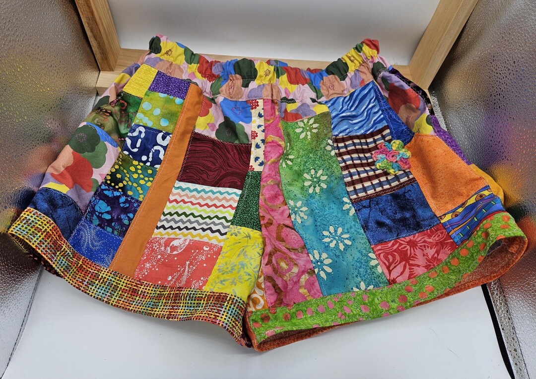 Patchwork Shorts Rainbow Colors, Handmade From Vintage Batiks and Cotton Prints, Womens M, Waist ...
