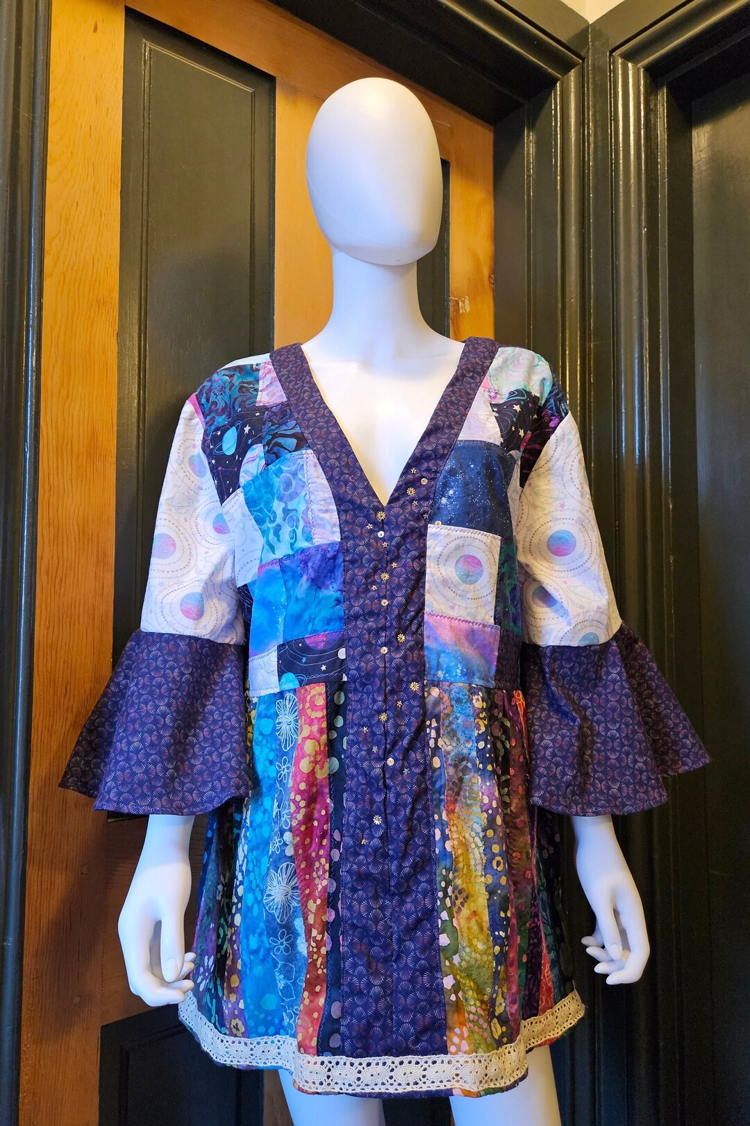 Patchwork Tunic Celestial Theme, Handmade From Batiks and Cotton Prints, Womens M, Sequins ...
