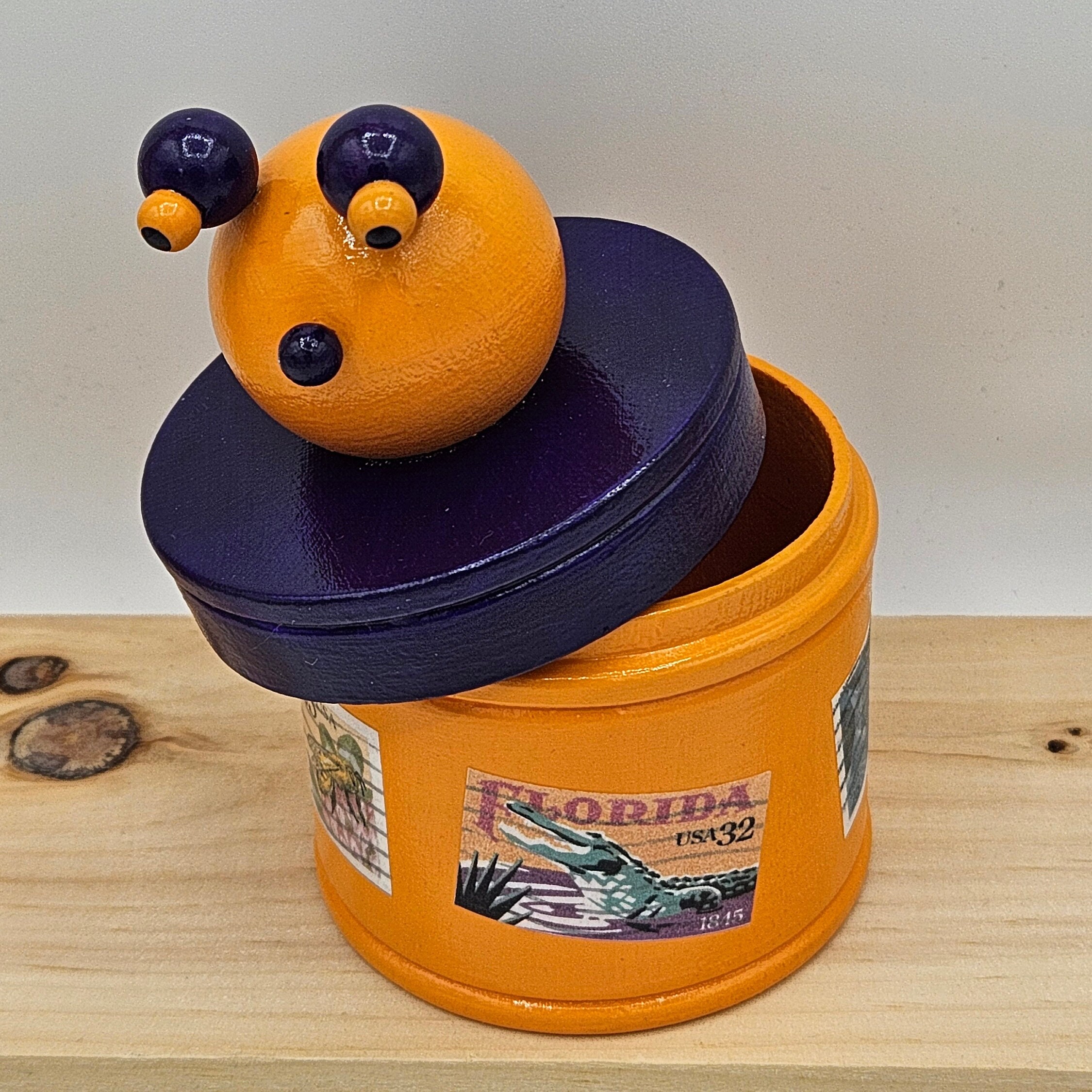 Handmade Trinket Guardian Perches Atop Small Decoupage Round Wooden Box ...