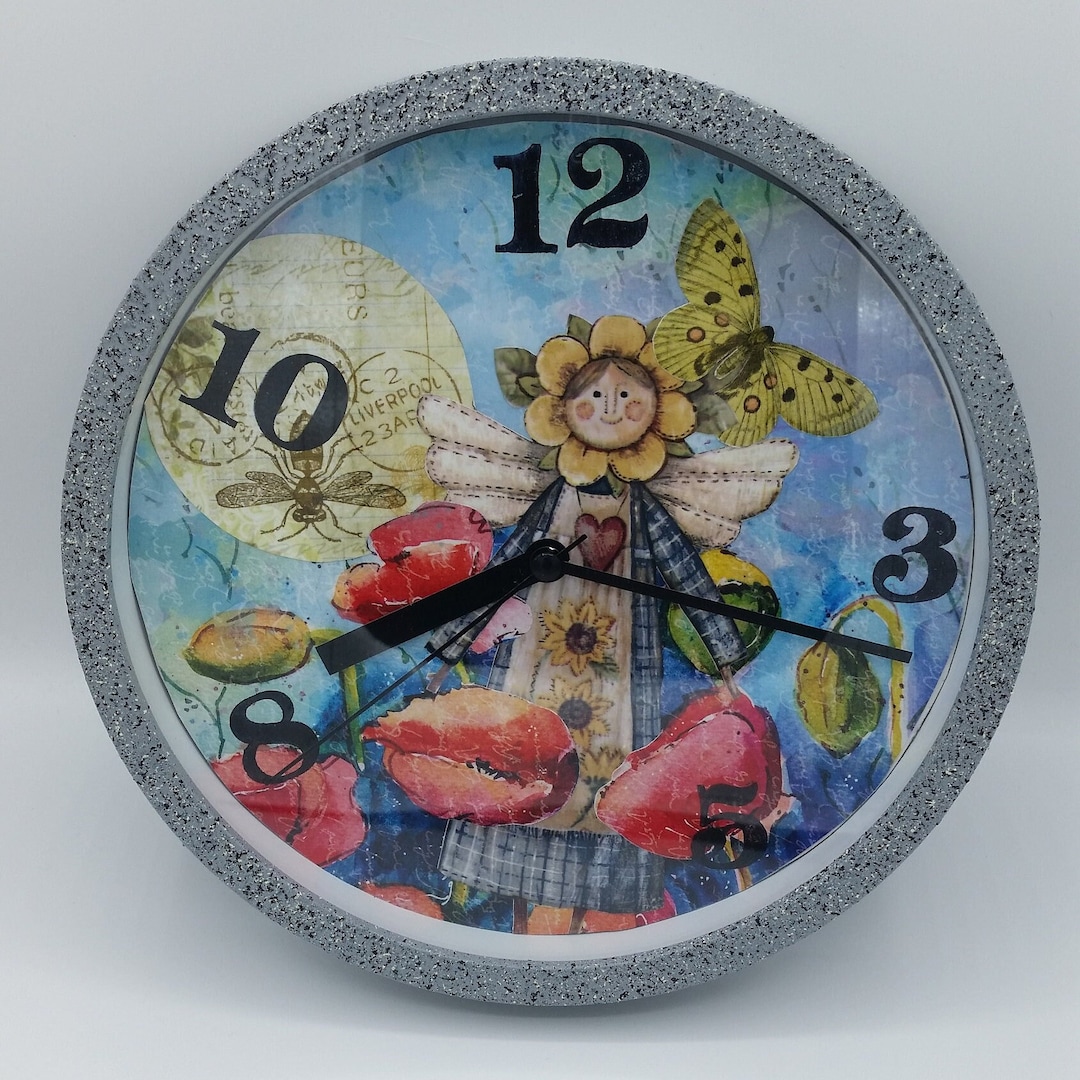 Poppies, Butterfly, Bee and Sunflower Angel Wall Clock Handmade ...
