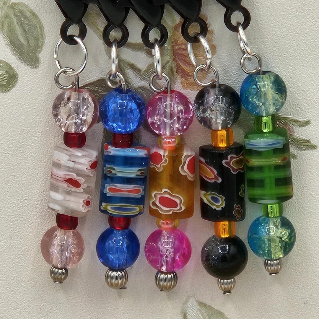 Set of 5 Stitch Markers, Handmade From Sparkly Glass Beads and Metal ...