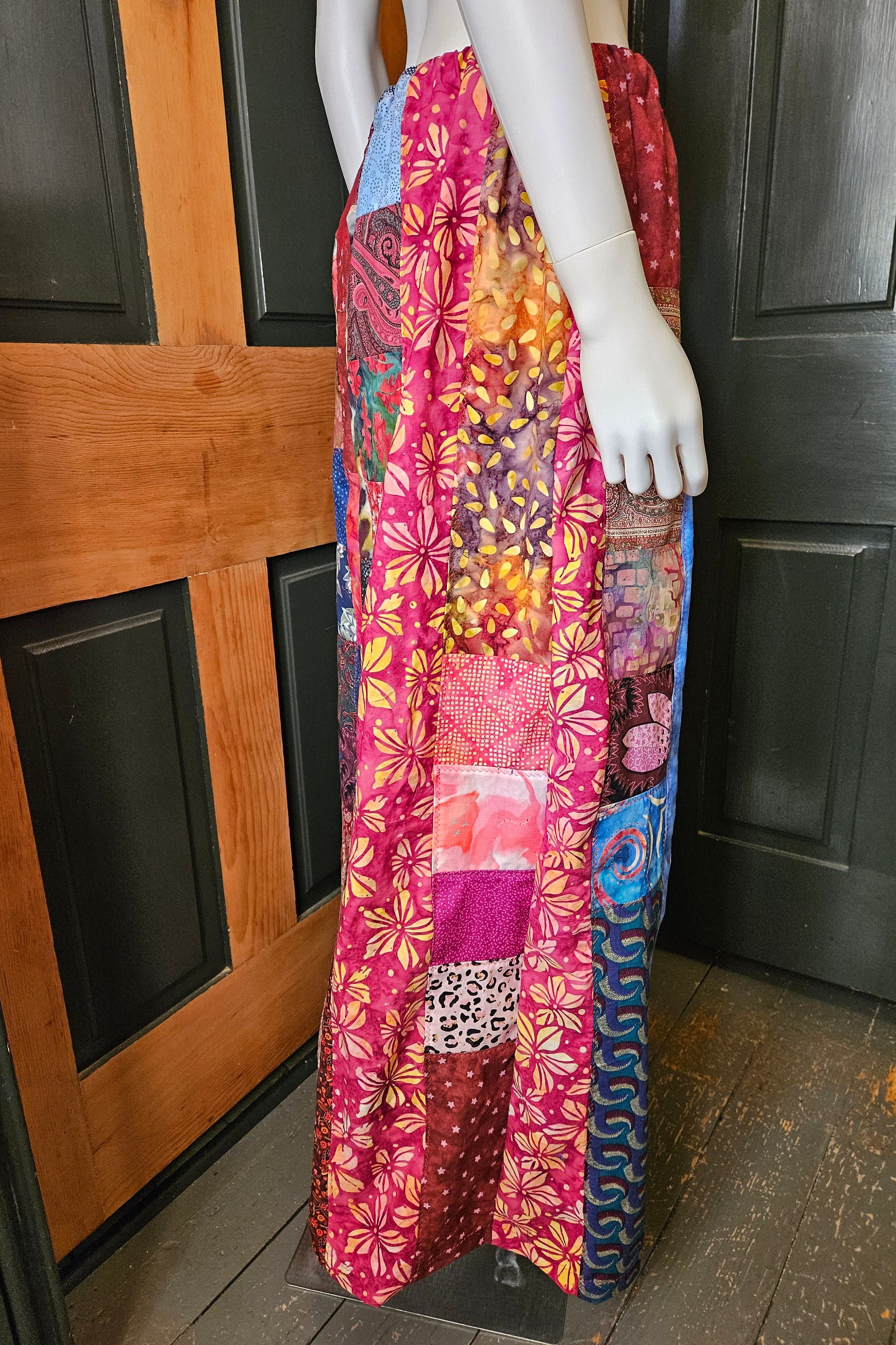 Patchwork Palazzo Pants Handmade From Vintage Material, Maroon and Blue Batiks & Printed Cottons ...