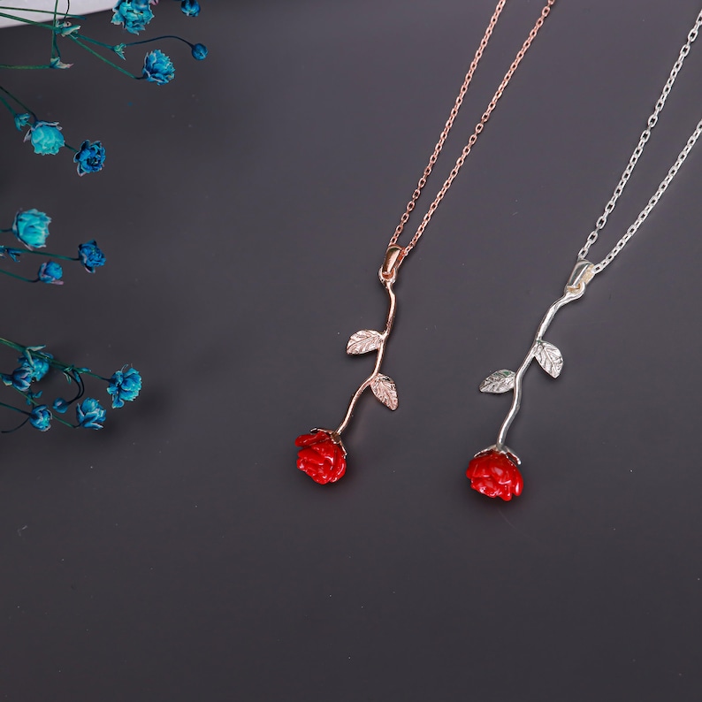 Gold Red Rose Necklace, Red Rose Necklace, Silver Red Rose Jewelry ...