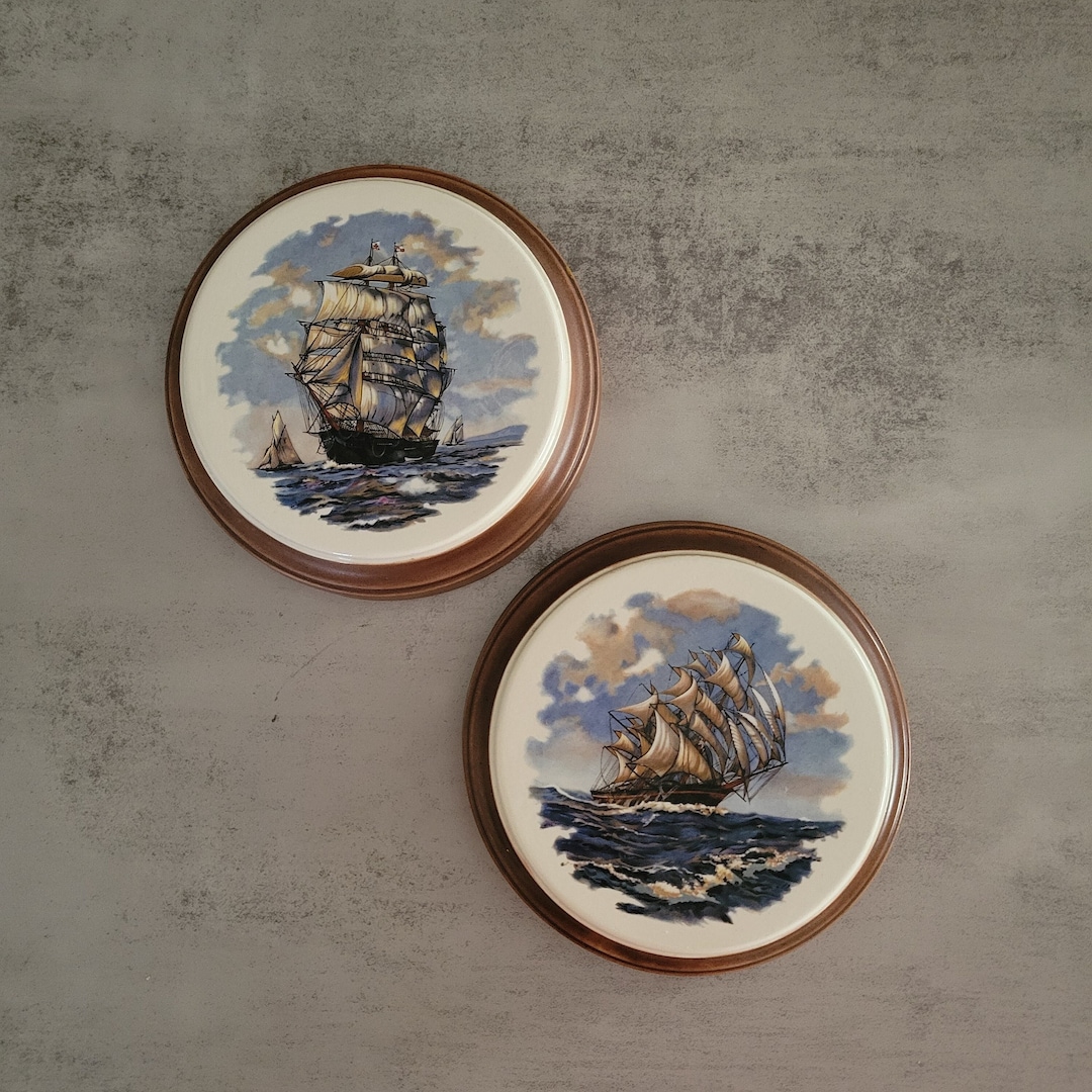 Vintage H&R Johnson Painted Ship Tile and Ceramic Wall Hanging Set of 2 ...