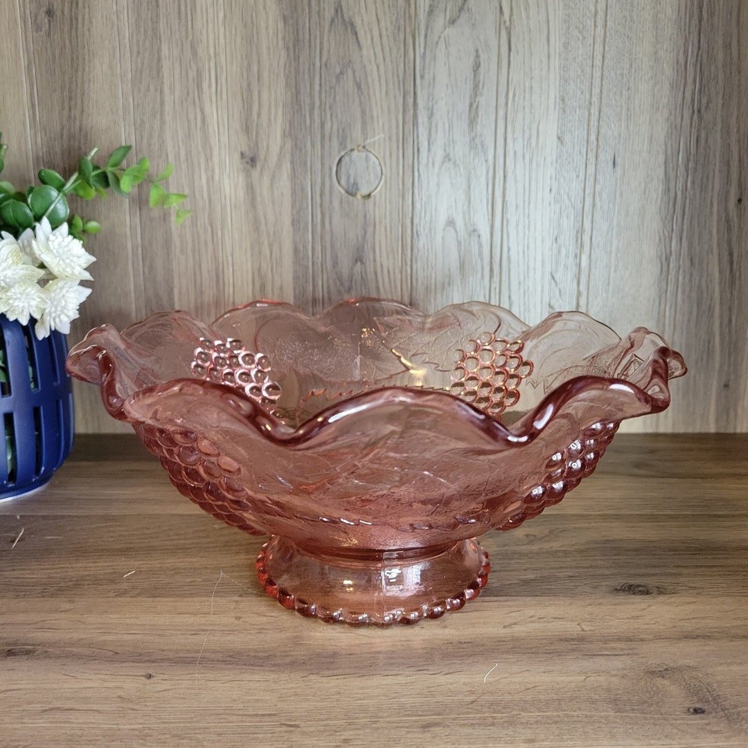 Vintage Rose Glass Bowl With Raised Grapes and Etched Leaves ...
