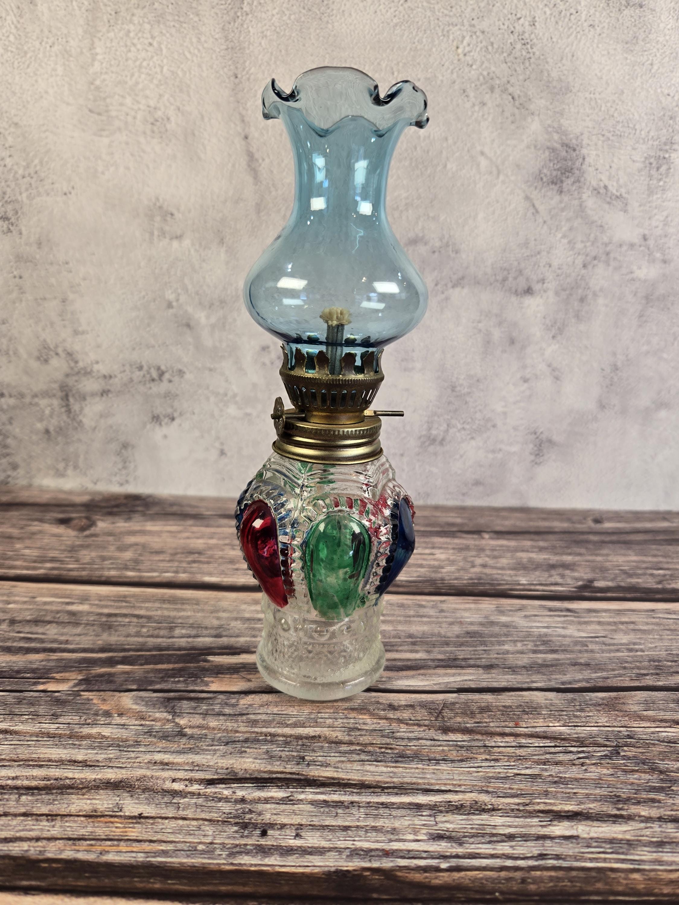 Vintage Small Multicolor Glass Oil Lamp With Blue Glass Chimney ...