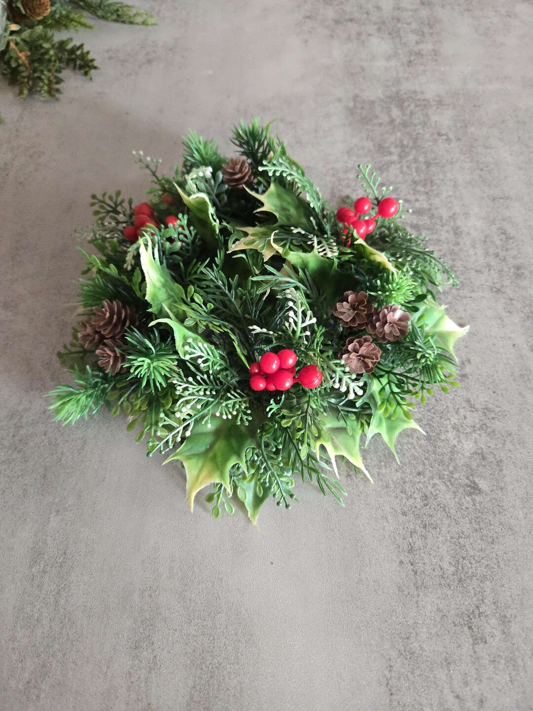 Vintage MCM Christmas Plastic Pine Cone and Holly Candle Ring, Holiday ...