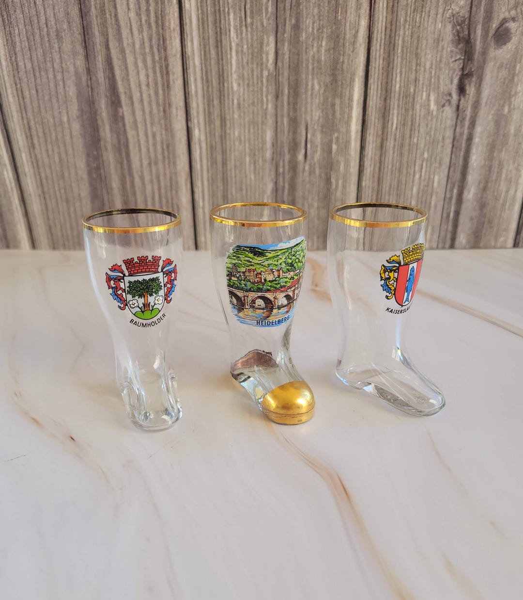 Vintage Germany 3" Boot Shot Glasses, Gold Trim, Baumholder, Heidelberg ...