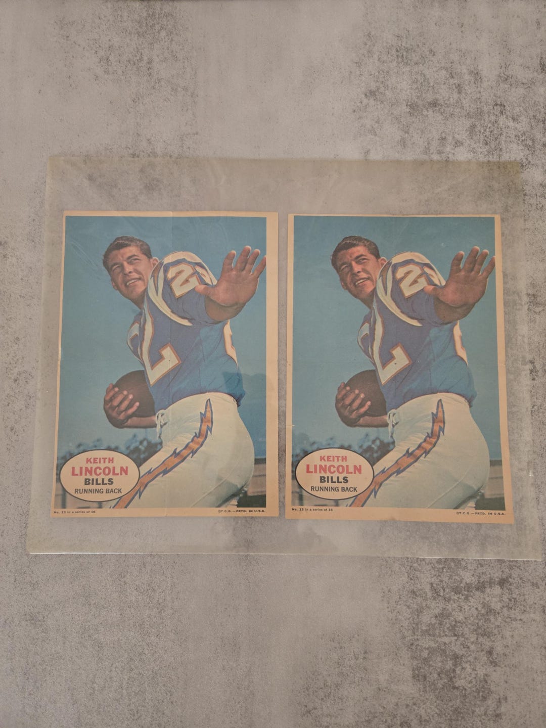 1968 Pair AFL All-star Keith Lincoln, Topps Mini Poster/pin-up 5x7, #13 ...