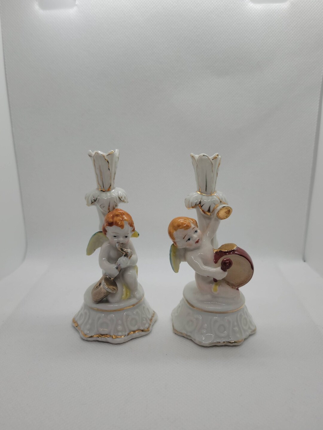 Vintage Set of Cherubs Playing Instruments Small Candle Holders Made in ...
