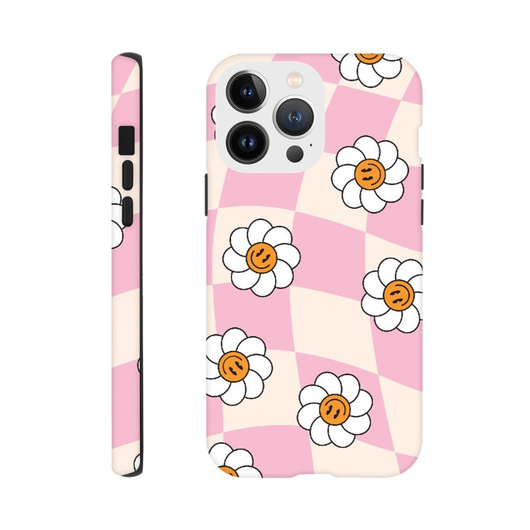 Smiley Face Groovy Pink Check Tough Phone Case iPhone X XS XR 11 12 13 ...