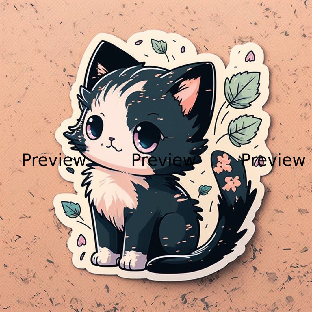 Cute Kitten Sticker, Black and White Cat, Garden, Flowers, Anime - Etsy