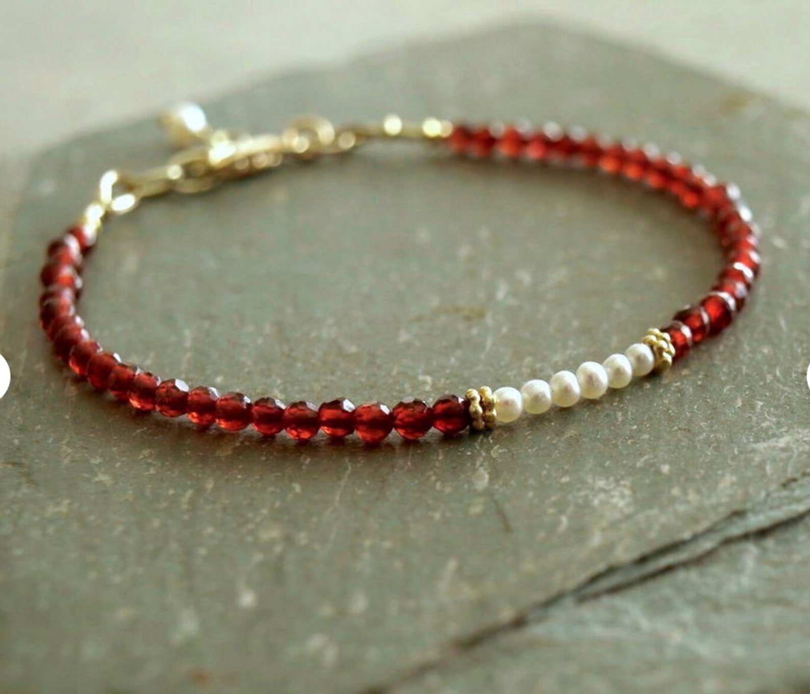 Garnet & Pearl Bracelet Delicate Beaded Bracelet Gemstone - Etsy
