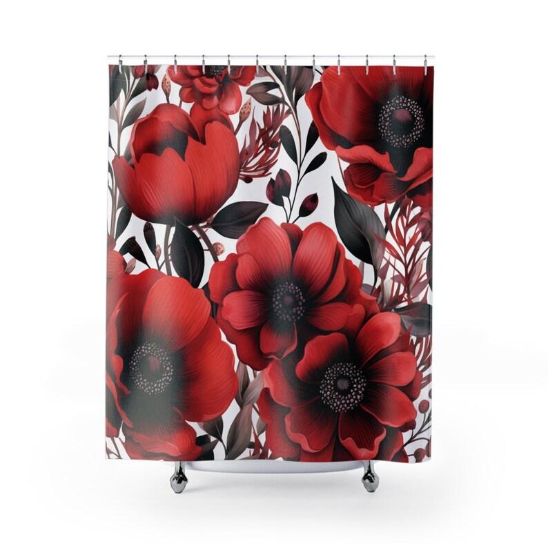 Bold Red Flowers With White Background Shower Curtain, Rich RED, Shower ...