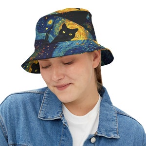Starry Night Inspired Black Cat Bucket Hat, Gift for All, Cat Lovers ...