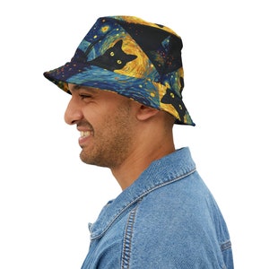Starry Night Inspired Black Cat Bucket Hat, Gift for All, Cat Lovers ...