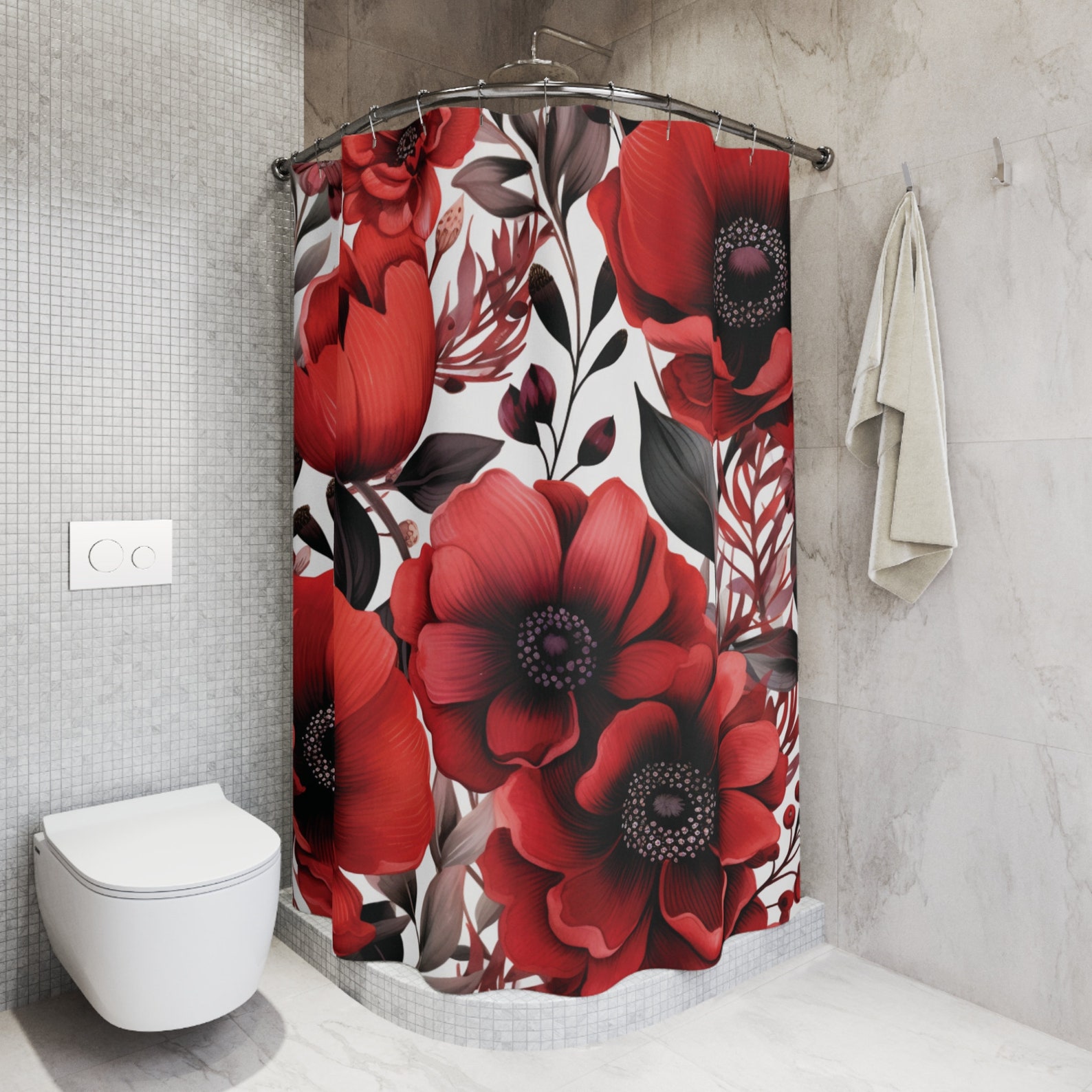 Bold Red Flowers With White Background Shower Curtain, Rich RED, Shower ...