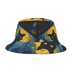 Starry Night Inspired Black Cat Bucket Hat, Gift for All, Cat Lovers ...