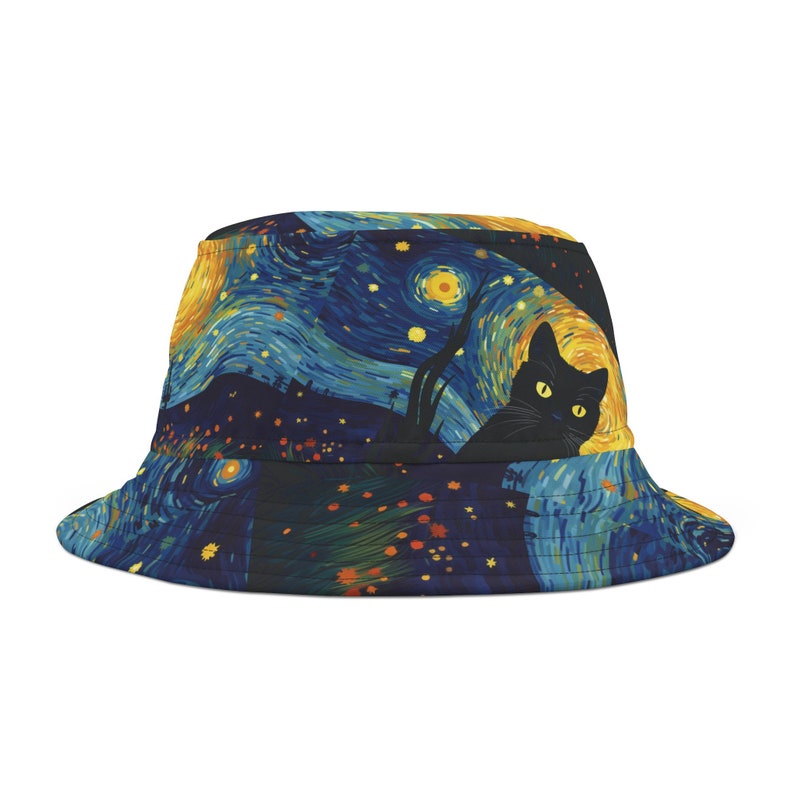 Starry Night Inspired Black Cat Bucket Hat, Gift for All, Cat Lovers ...