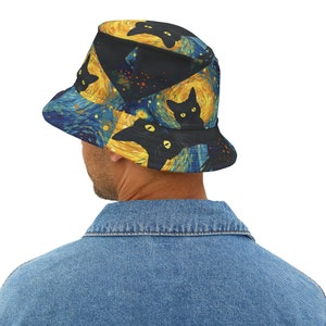 Starry Night Inspired Black Cat Bucket Hat, Gift for All, Cat Lovers ...