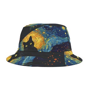 Starry Night Inspired Black Cat Bucket Hat, Gift for All, Cat Lovers ...