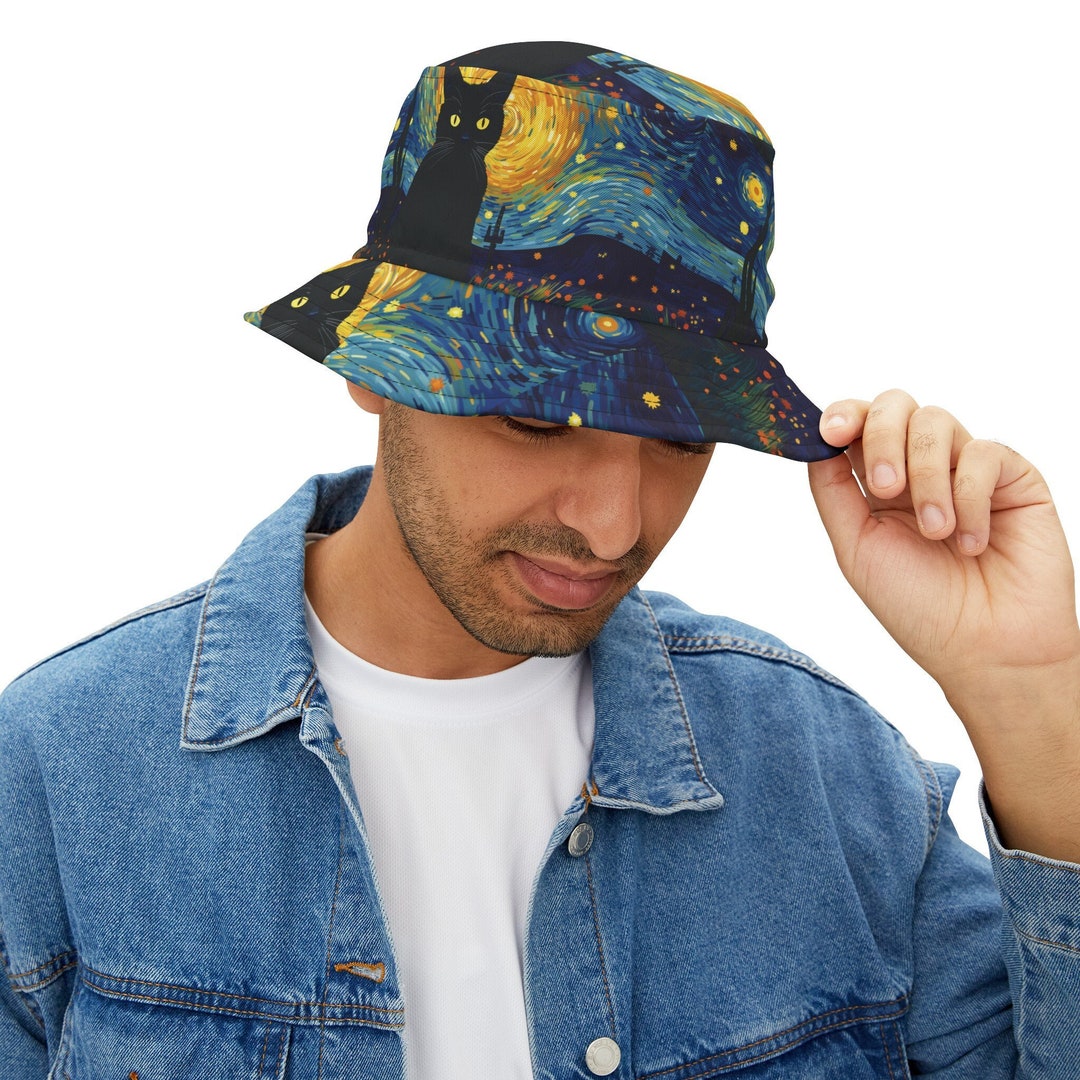 Starry Night Inspired Black Cat Bucket Hat, Gift for All, Cat Lovers ...