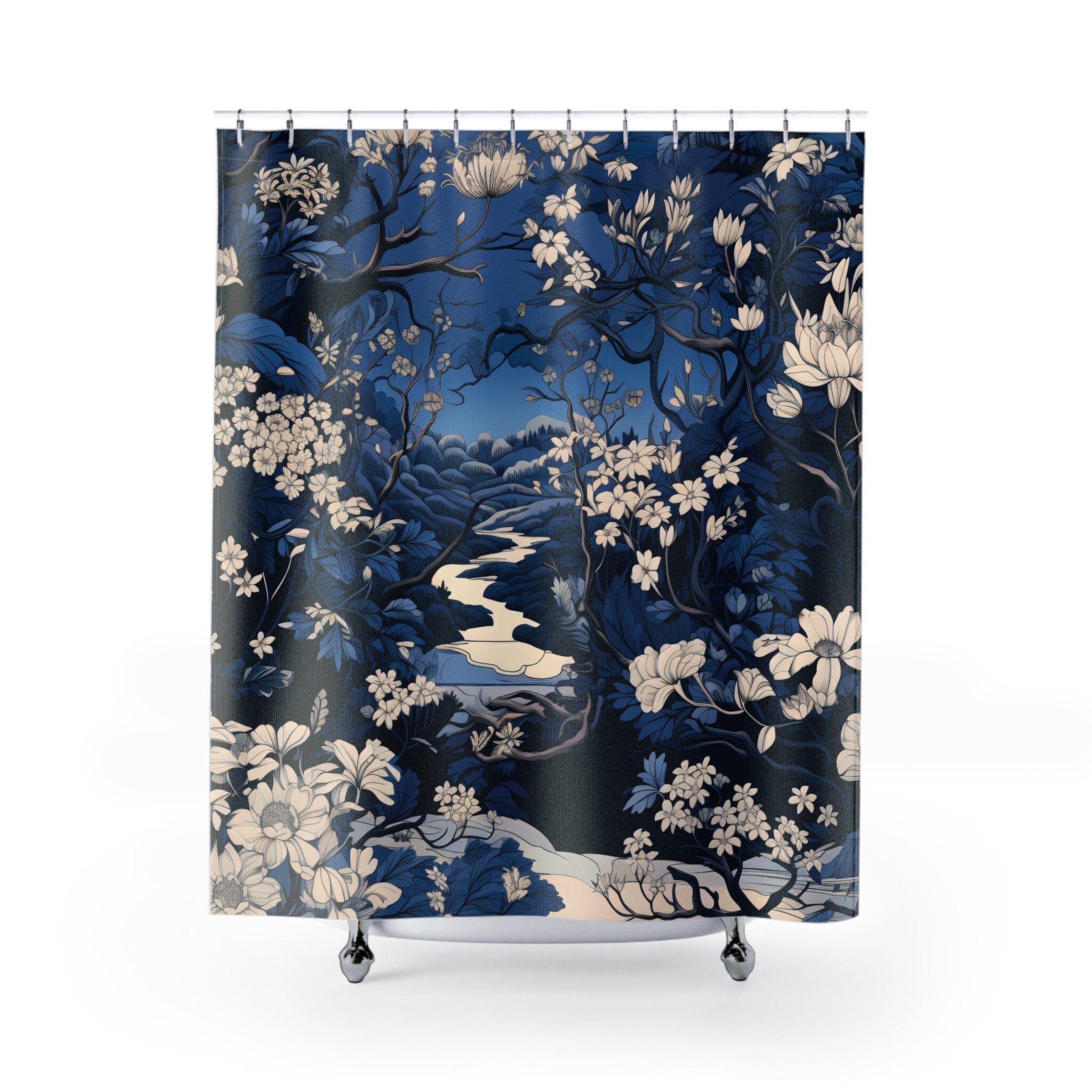 Scenic Japanese Art-inspired Shower Curtain, Rich Blue Background ...