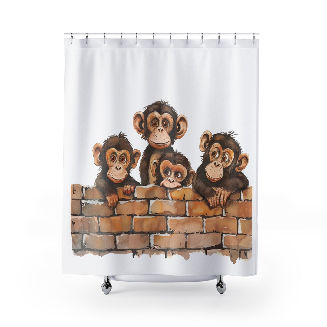 Peeping Monkey Family, Shower Curtain, Cute Monkeys on a Brick Wall ...