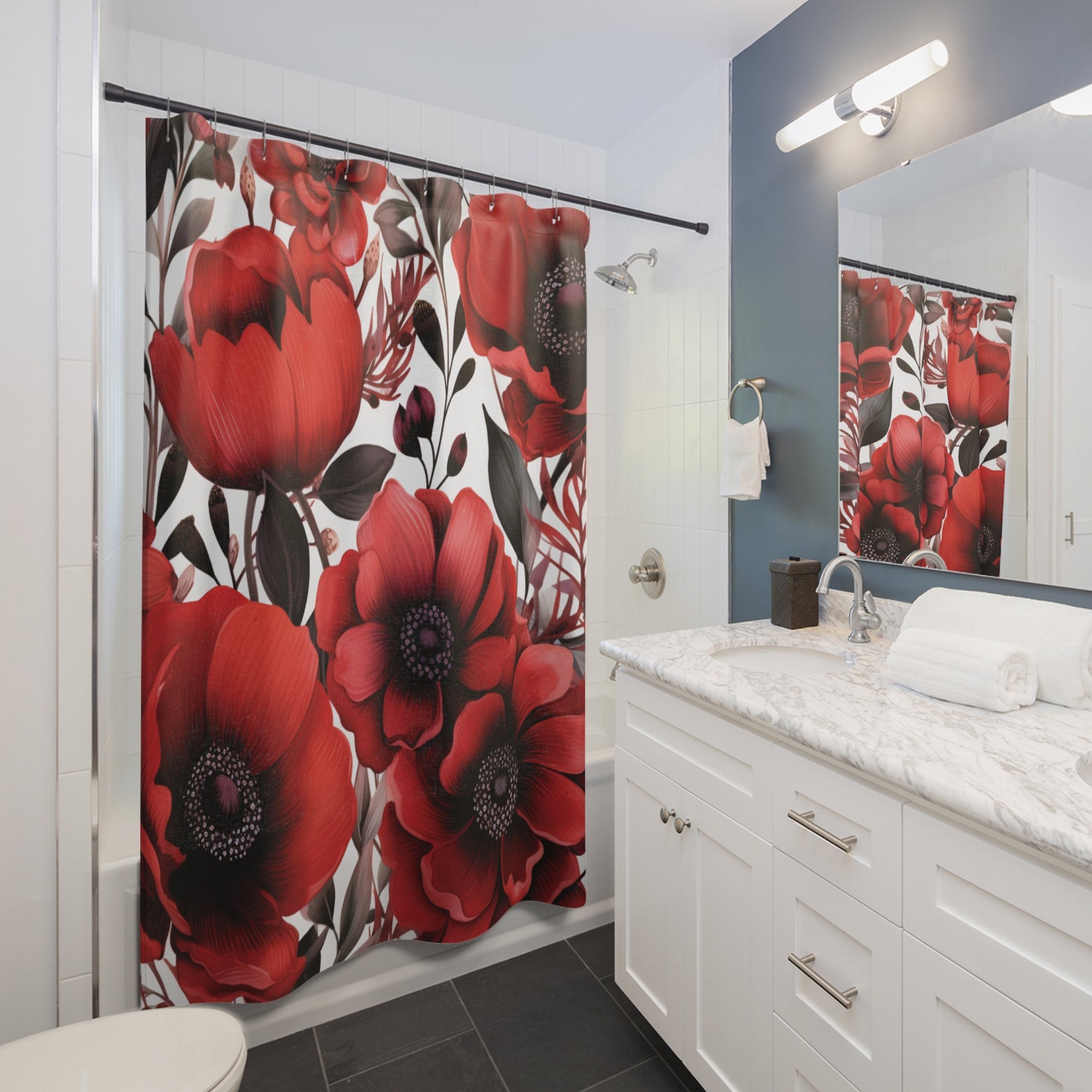 Bold Red Flowers With White Background Shower Curtain, Rich RED, Shower ...