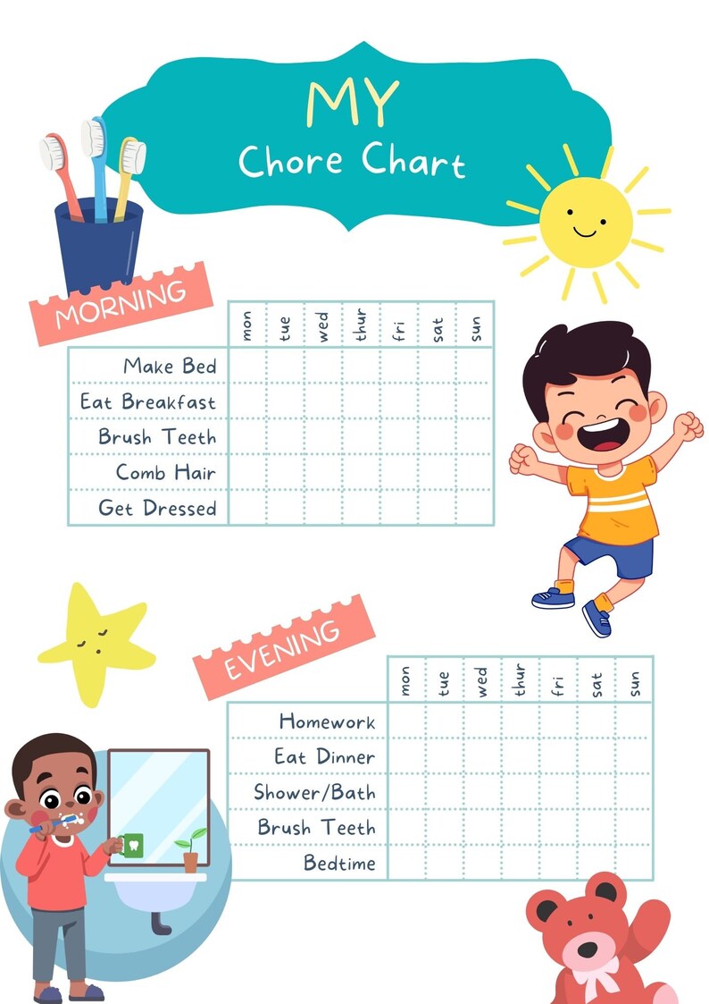 Printable Kids Chore Chart/ Toddler to Do List/ Girls and Boys ...