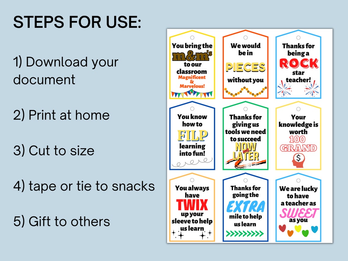 INSTANT DOWNLOAD 18 Teacher Appreciation Candy Gift Tag - Etsy