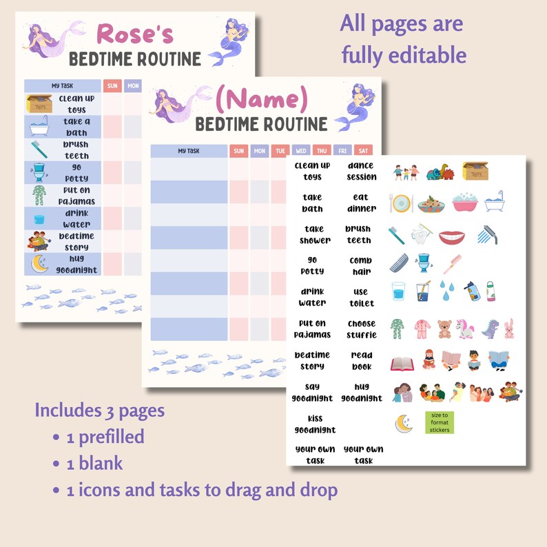Editable Mermaid Toddler Bedtime Routine Checklist, Visual Routine ...