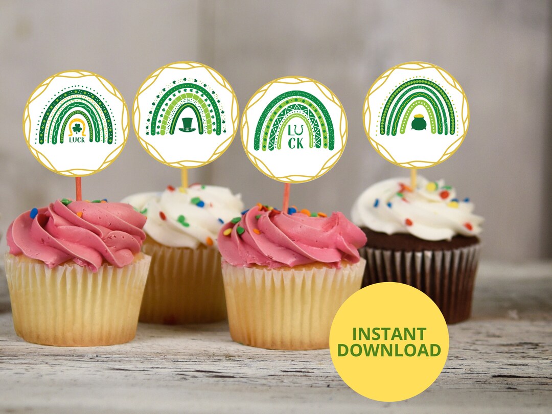 48 Printable St. Patrick's Day Rainbow Cupcake Topper, Tag, Sticker ...