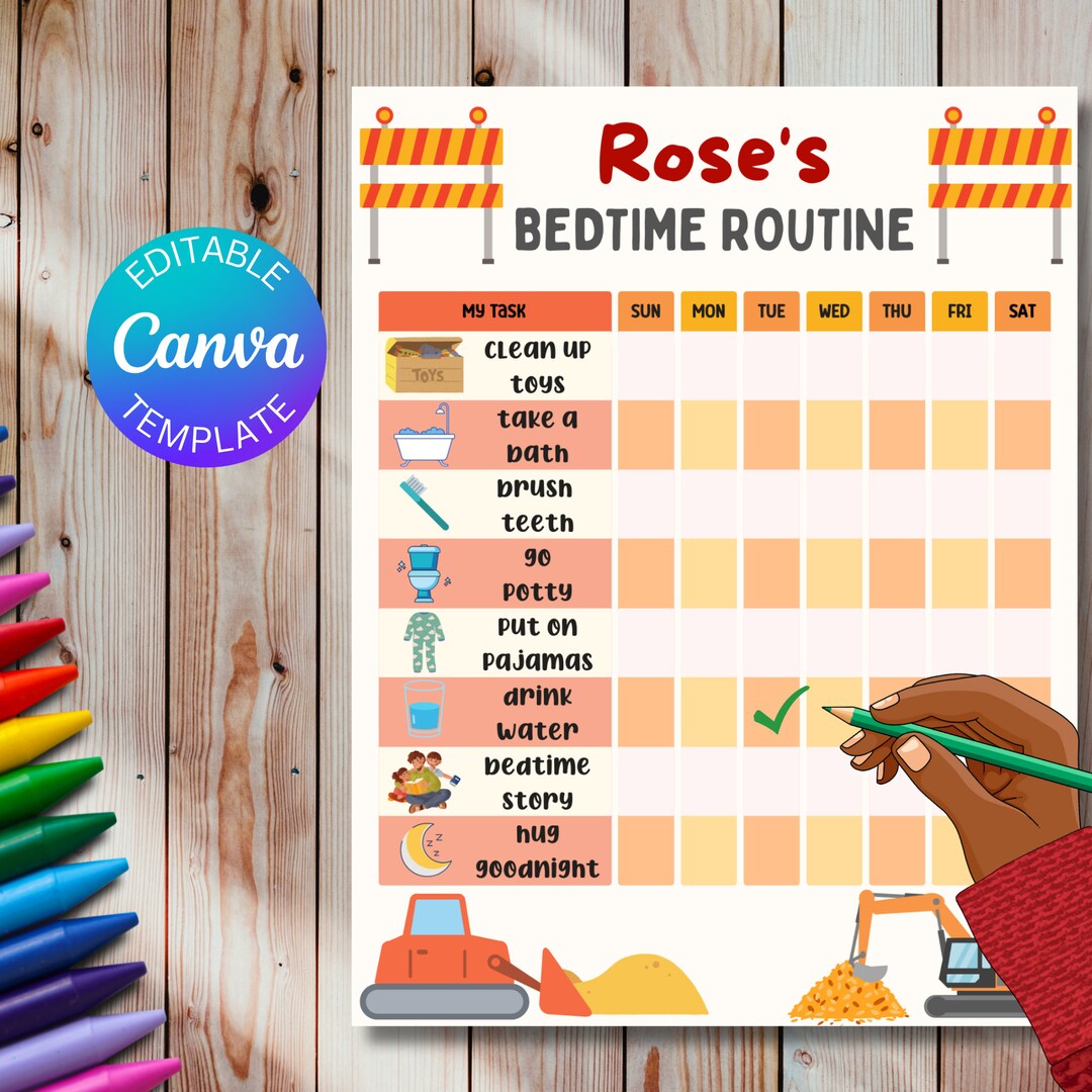 Editable Construction Toddler Bedtime Routine Checklist, Visual Routine ...