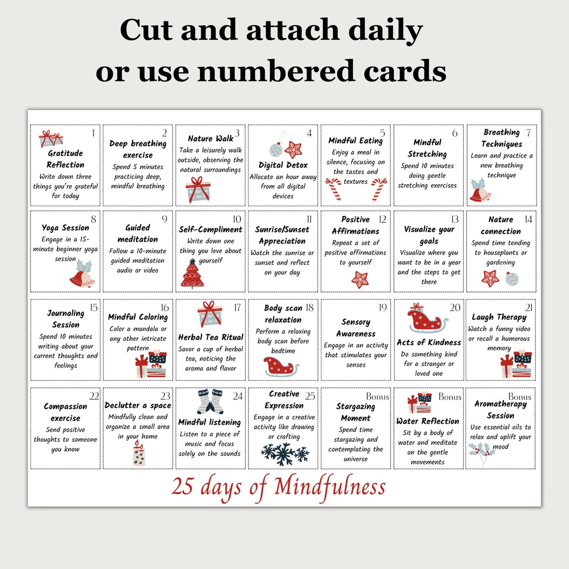Printable Mindfulness Advent Calendar, 25 Days of Mindfulness - Etsy