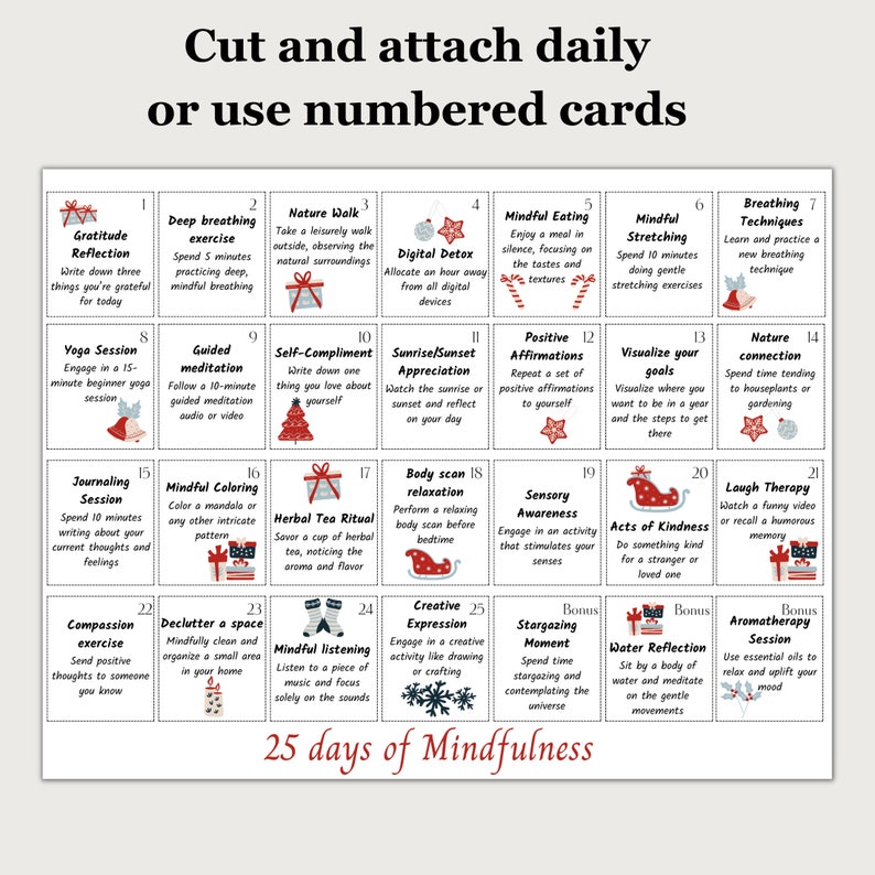 Printable Mindfulness Advent Calendar, 25 Days of Mindfulness - Etsy