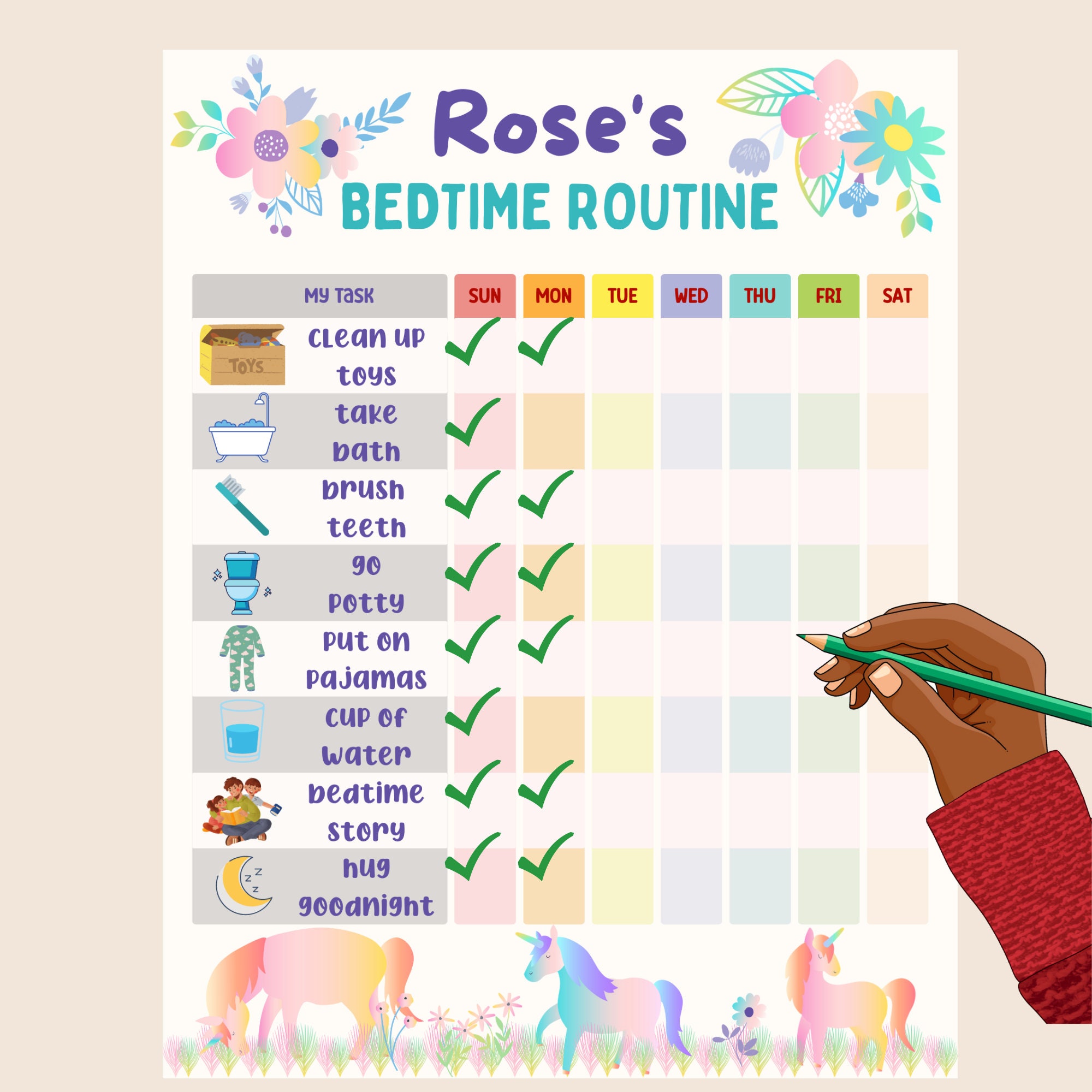 Editable Unicorn Toddler Bedtime Routine Checklist, Visual Routine ...