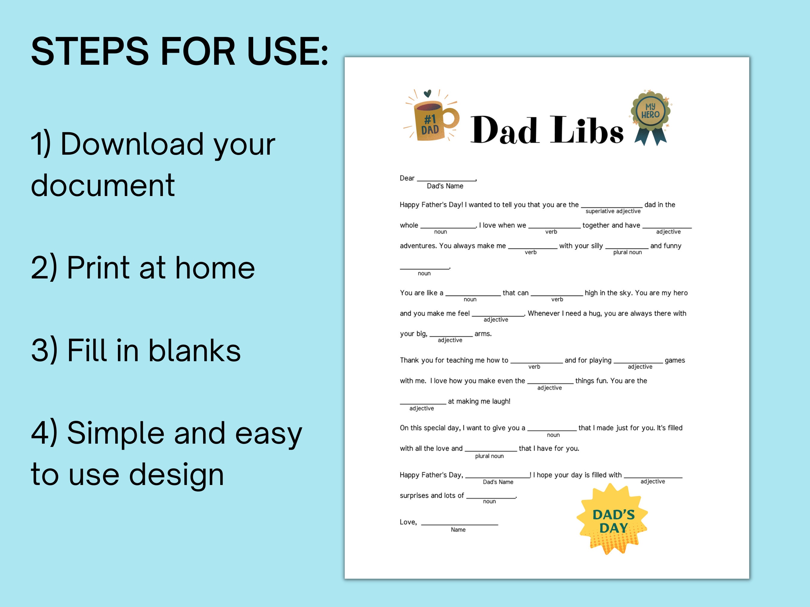 INSTANT DOWNLOAD Fathers Day Dad Libs, Mad Libs, Gift for Dad, Fun Dad ...