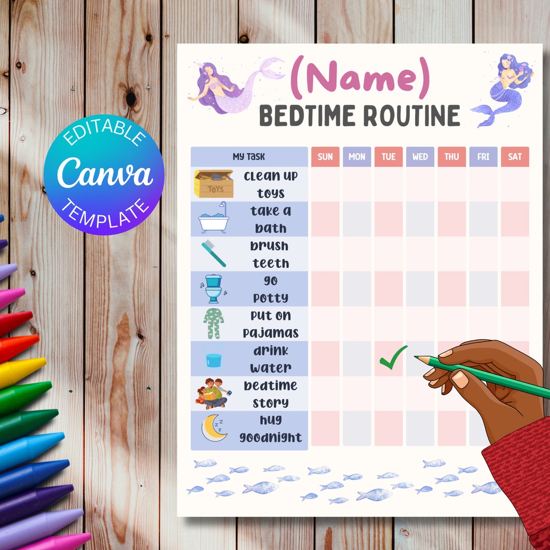 Editable Mermaid Toddler Bedtime Routine Checklist, Visual Routine ...