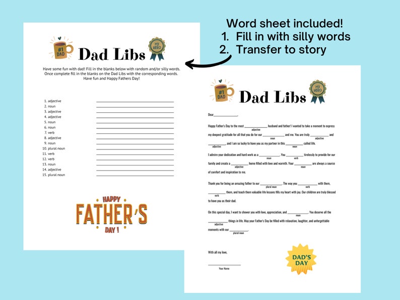 INSTANT DOWNLOAD Fathers Day Dad Libs, Mad Libs, Gift for Spouse, Fun ...