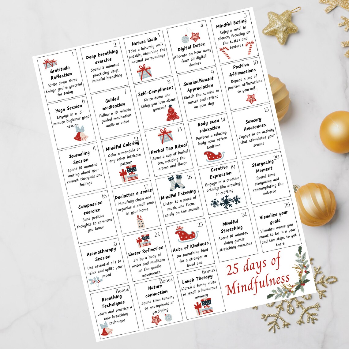 Printable Mindfulness Advent Calendar, 25 Days of Mindfulness - Etsy